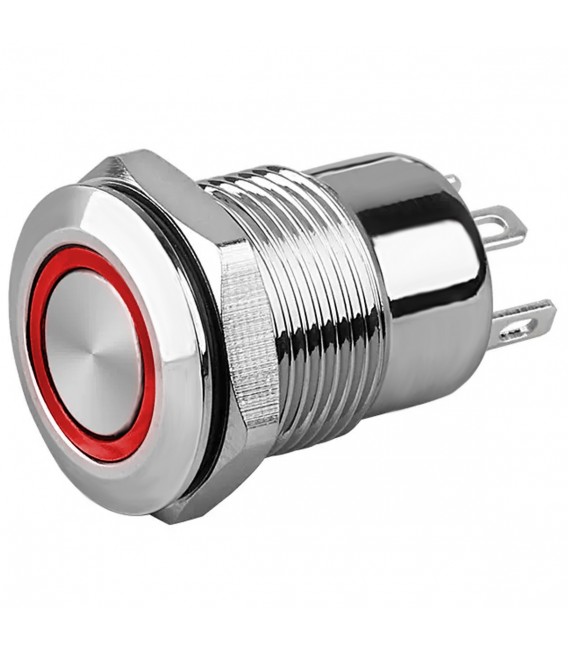 LB Aluminum Push Button with Red Light 220V Ø12mm Silver - Audiophonics