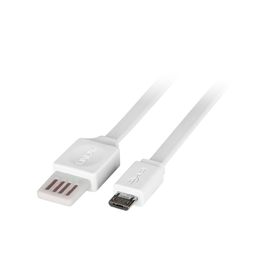 LINDY Flat cable USB 2.0 Easy Fit type A reversible to micro B White 2m ...